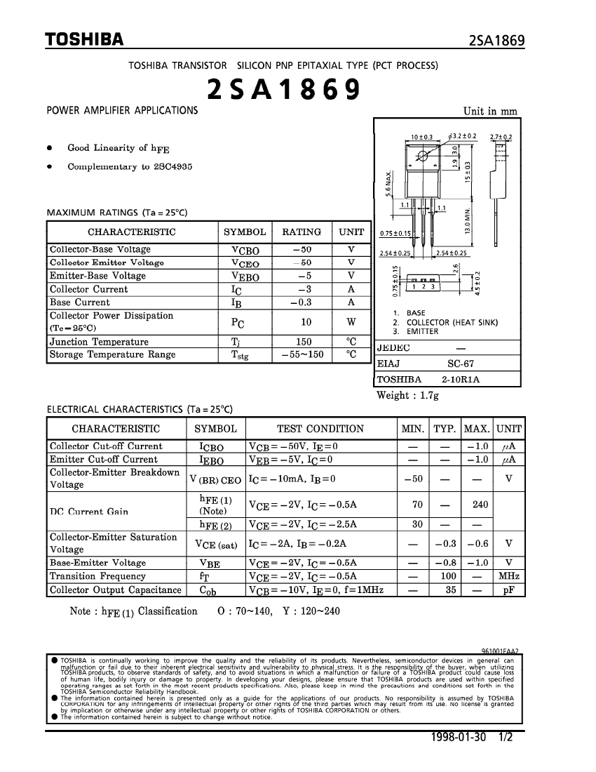 2SA1869 Datasheet_PDF文件下载_芯片资料查询_维库电子市场网
